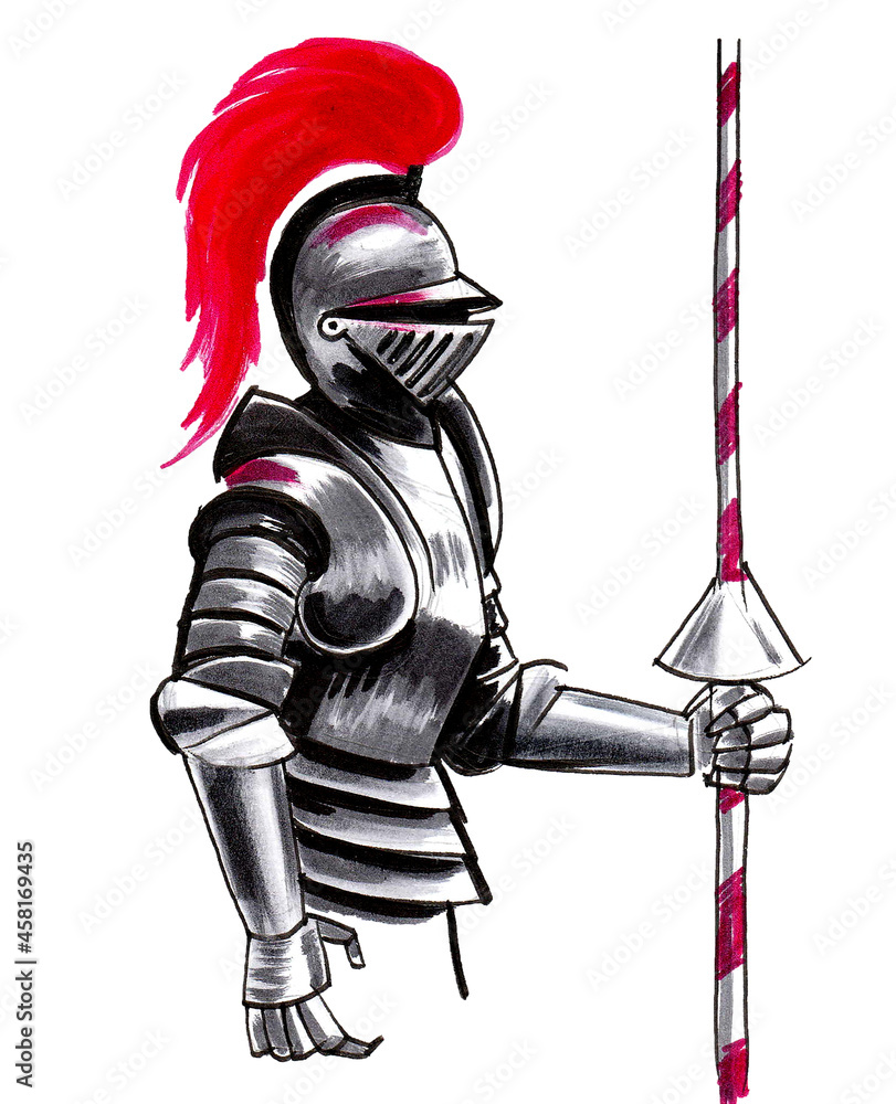 Ink and watercolor drawing of a medieval knight in armor with spear ...