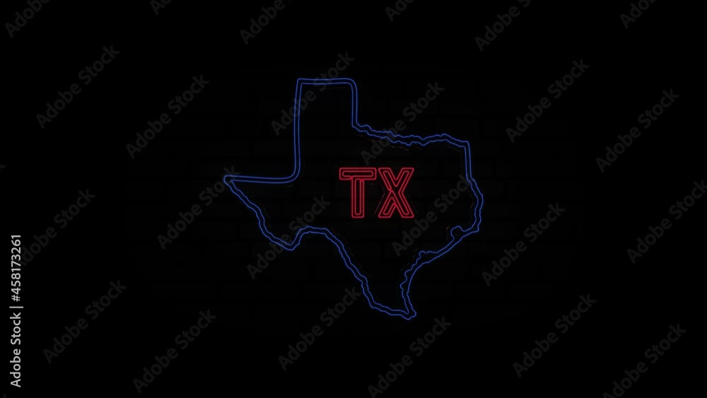 Glowing neon line Texas state lettering isolated on black background ...