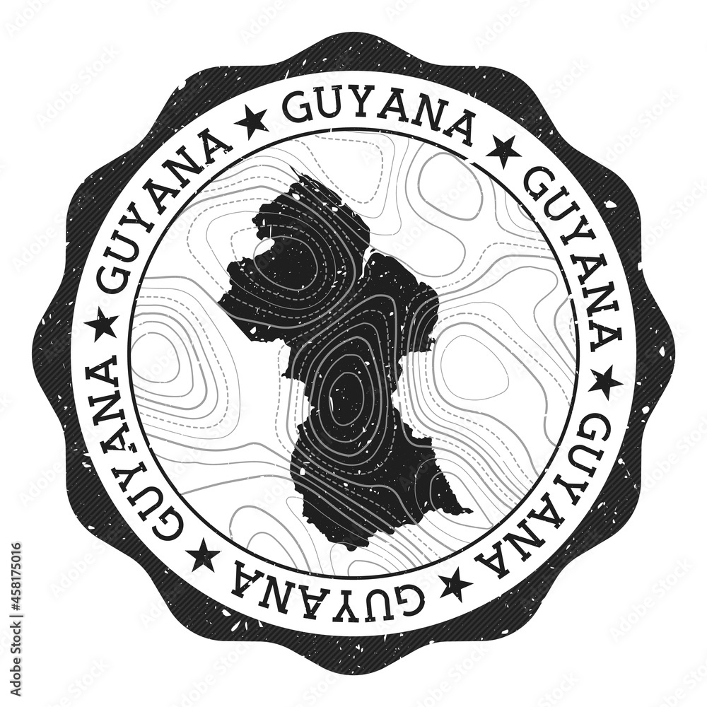 Guyana outdoor stamp. Round sticker with map of country with ...
