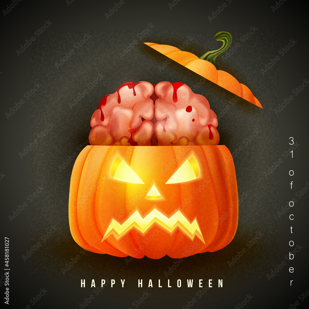 Happy halloween 3D realistic scary jack lantern and bloody brain Stock ...