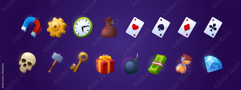 Game icons with key, clock, playing cards, money and gear. Vector ...