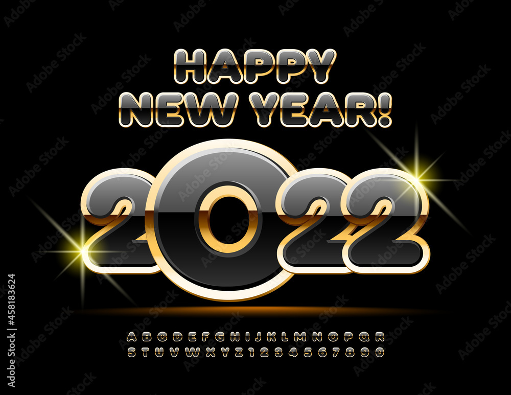 Vector stylish Greeting Card Happy New Year 2022! Black and Gold shiny ...