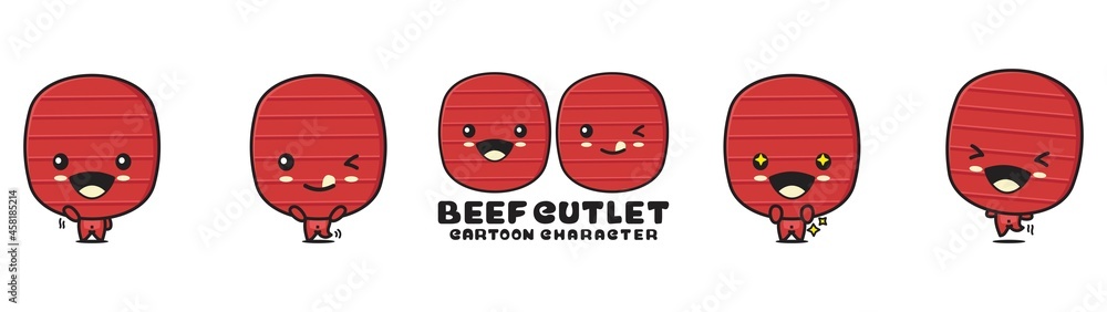 cute beef cutlet mascot, food cartoon illustration, with different ...