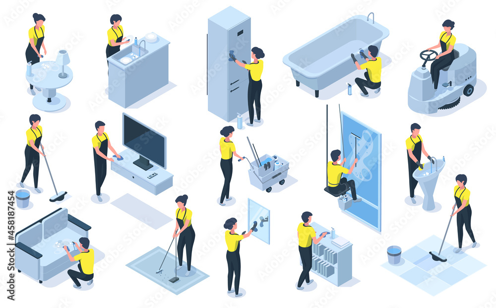 House cleaning team isometric professional characters. Detergents ...