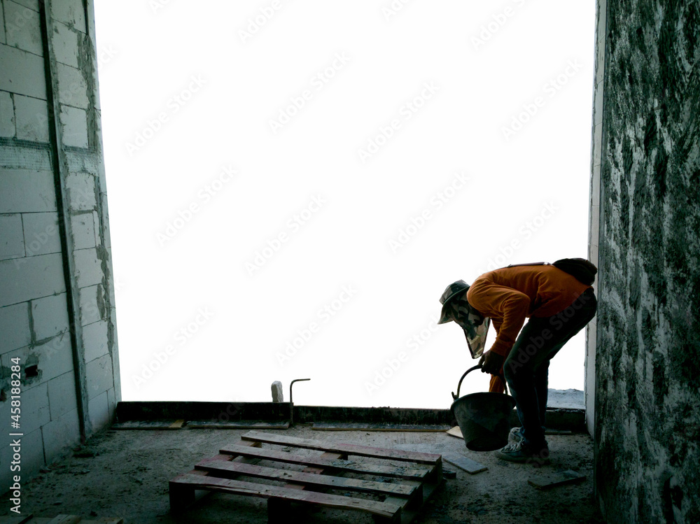 Workers work at construction site with white background, Construction ...