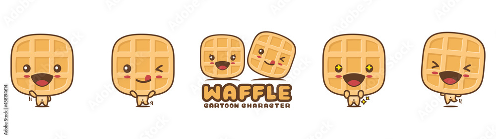 cute waffle mascot, snack cartoon illustration, with different facial ...