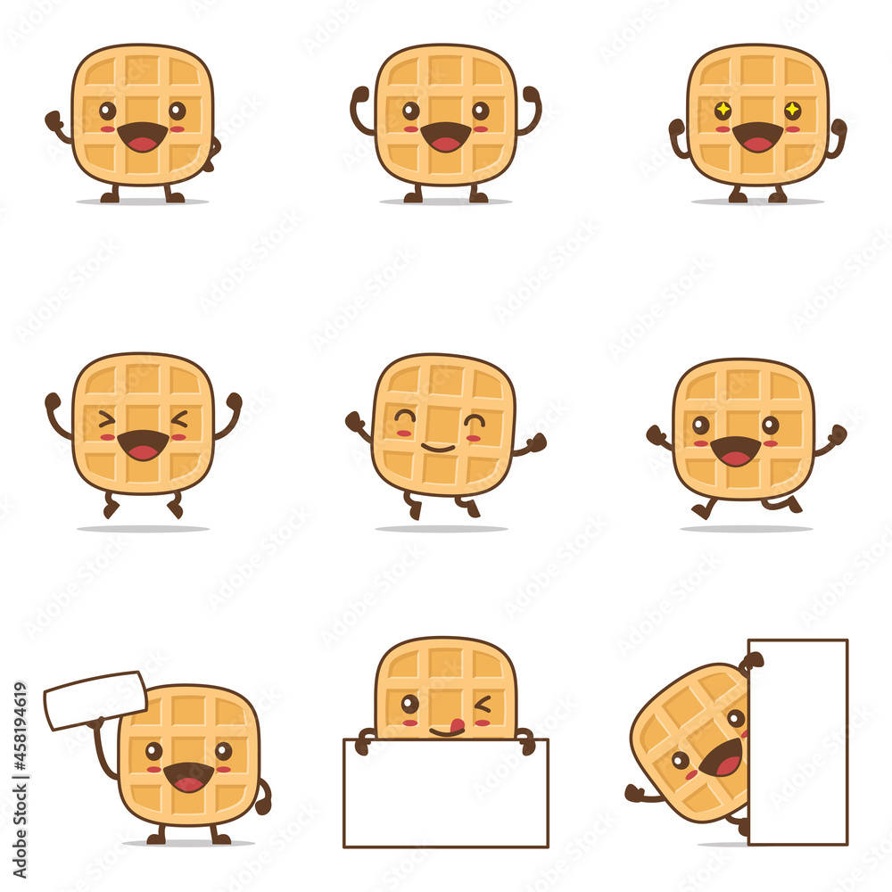 cute waffle cartoon. with happy facial expressions and different poses ...