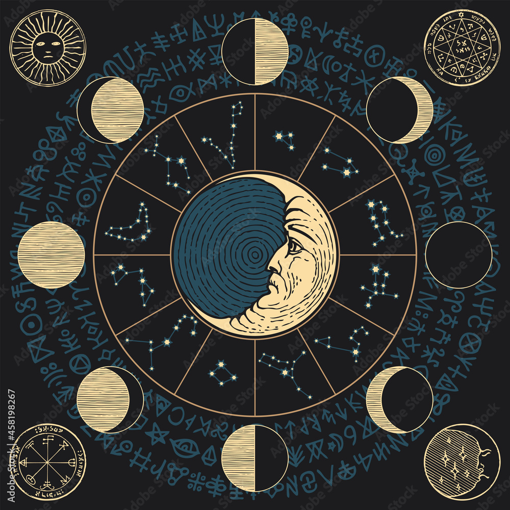 Vector banner with a crescent moon, zodiac constellations, moon phases ...