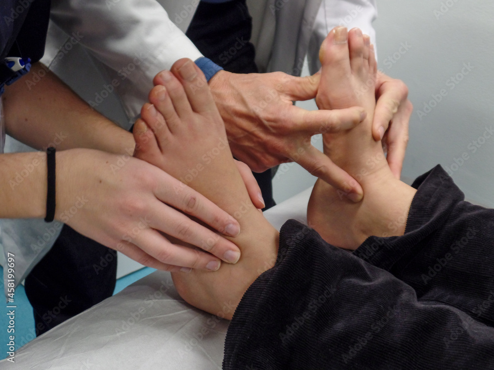 Podiatry and biomechanics class. Teacher teaches students the different ...
