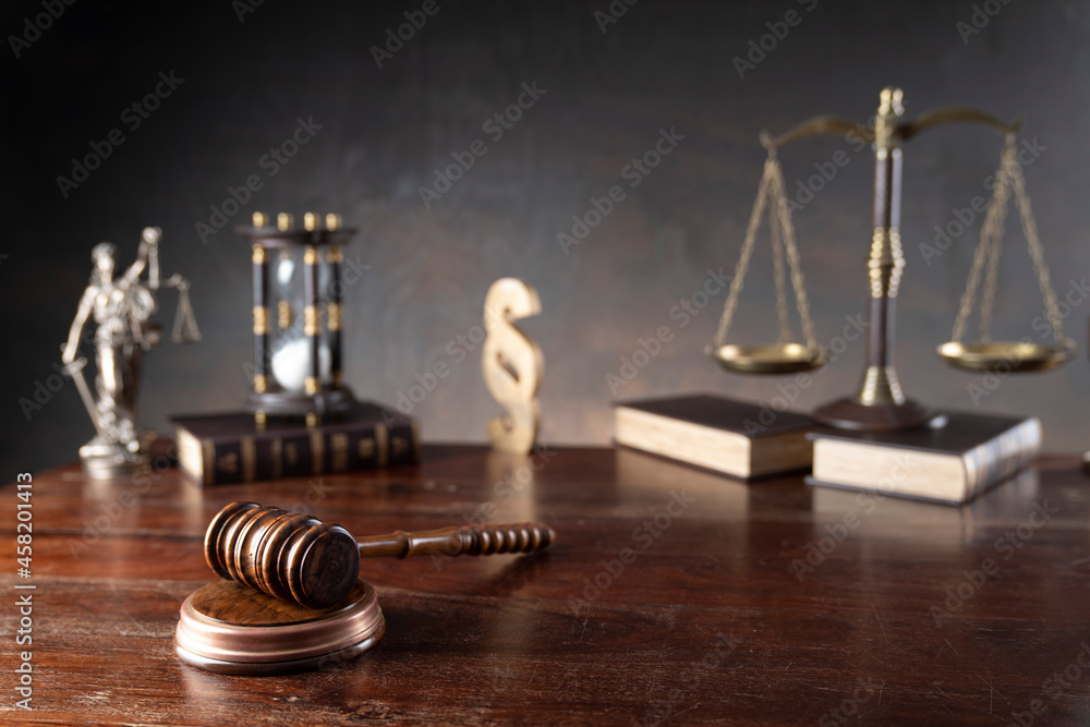 Law and justice concept. Law symbols composition: judge’s gavel, legal ...