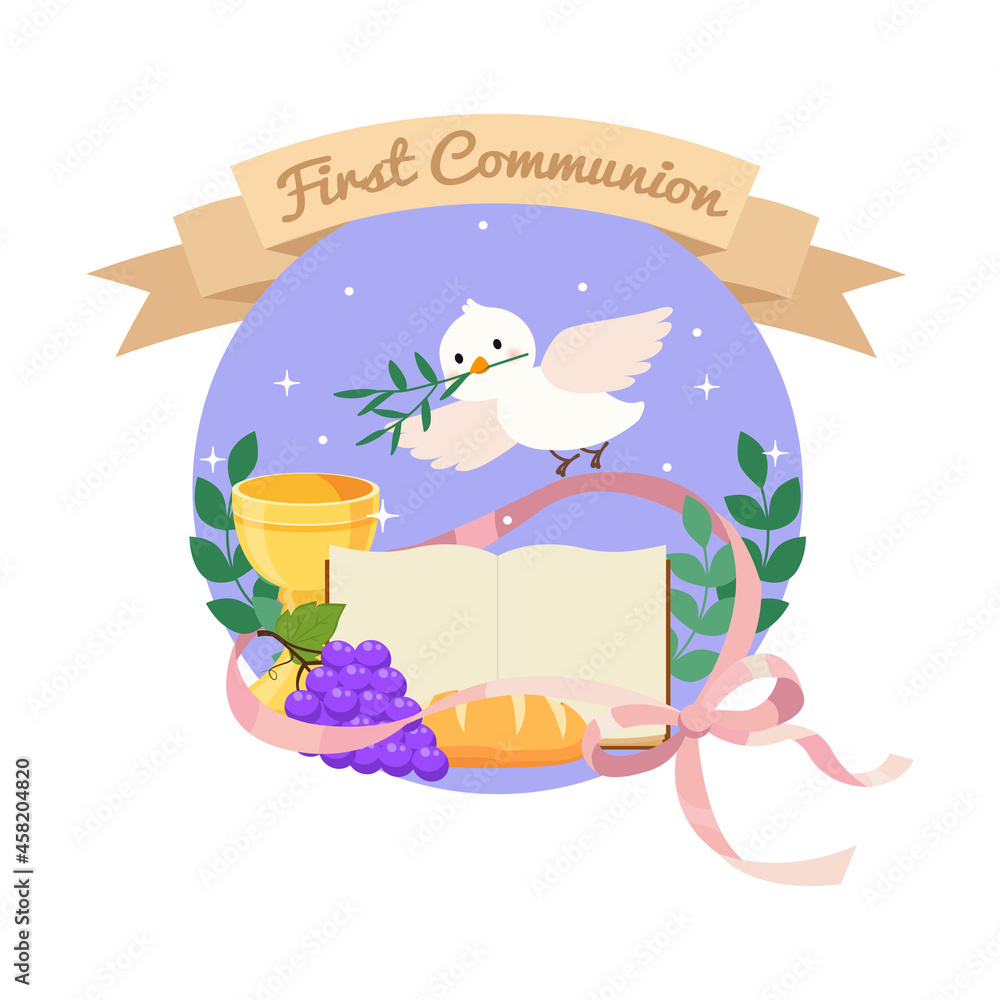 Cute first communion illustration with chalice, bible, bread and wine ...