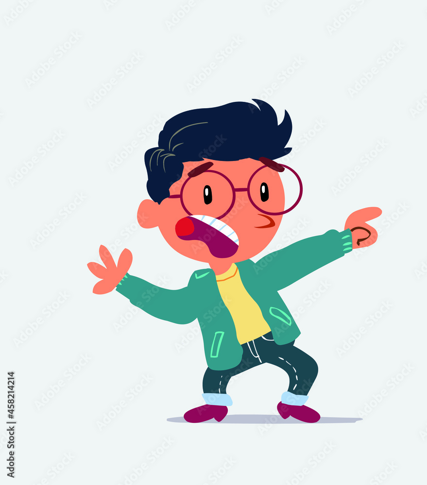 Scared cartoon character of little boy on jeans points to the side ...
