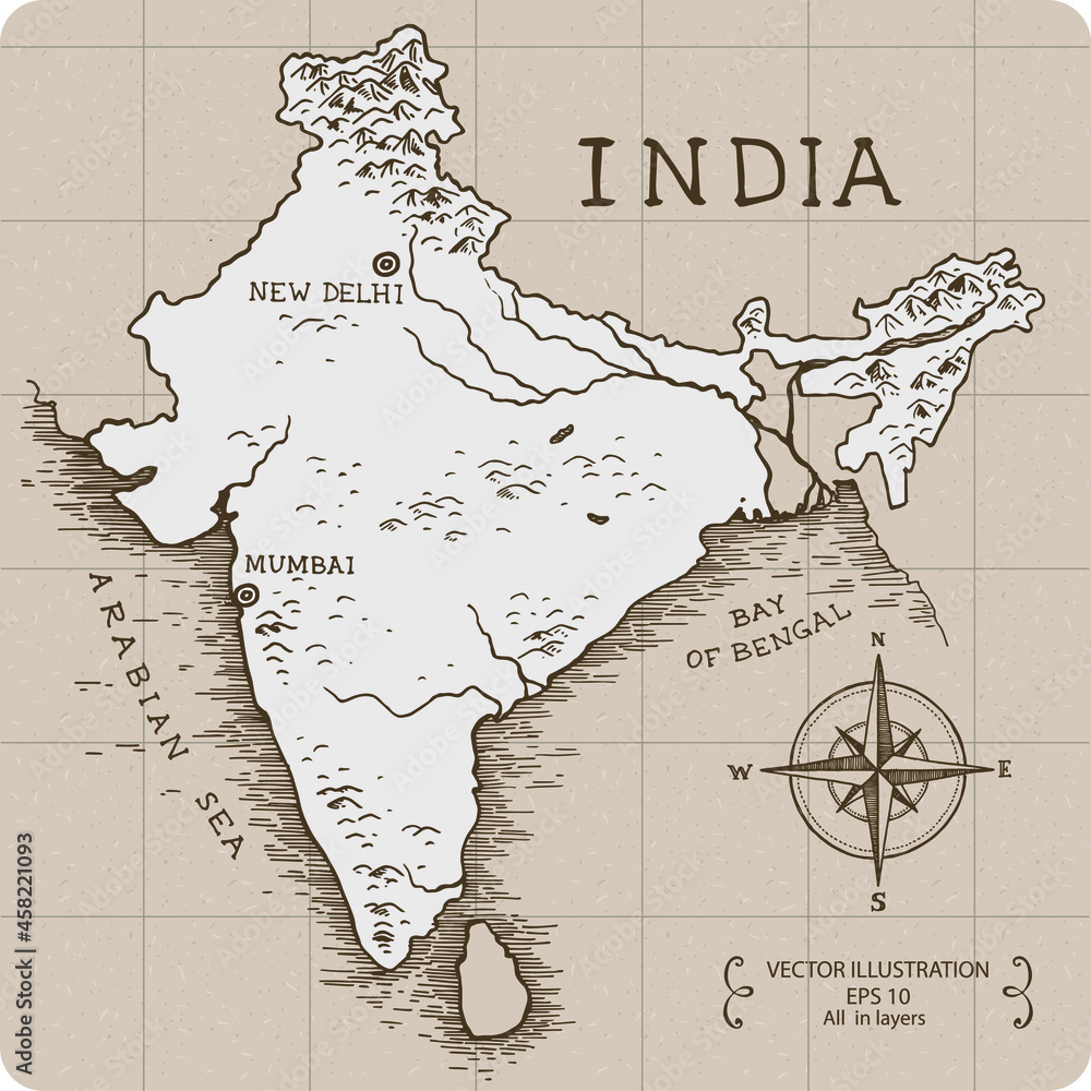 Vintage Map of India. Hand drawn vector illustration. Stock Vector ...