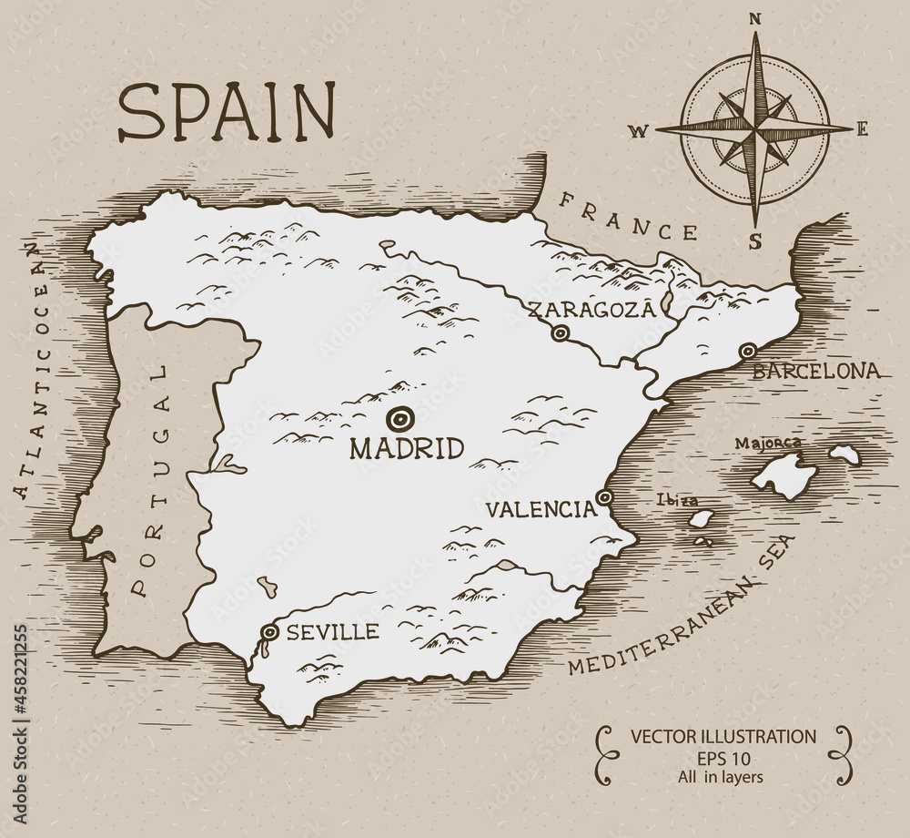 Vintage Map of Spain. Hand drawn vector illustration. Stock Vector ...
