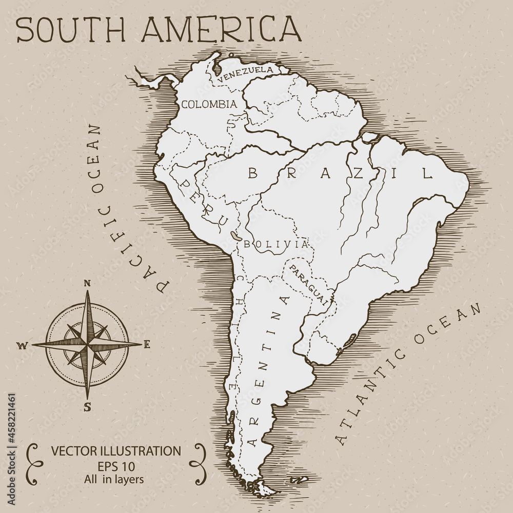 Vintage Map of South America. Hand drawn vector illustration. Stock ...