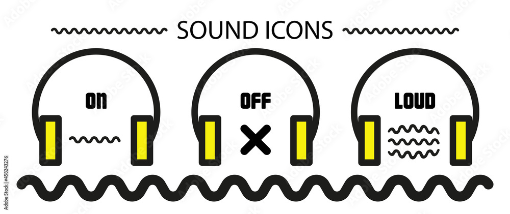 Sound icons set with headphones on, off, and loud tone. Vector isolated ...