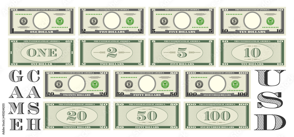 Set of fictional game paper money in the style of US dollars. Gray ...