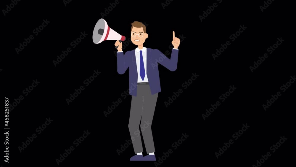 angry man with megaphone animation, alpha channel. political meeting ...