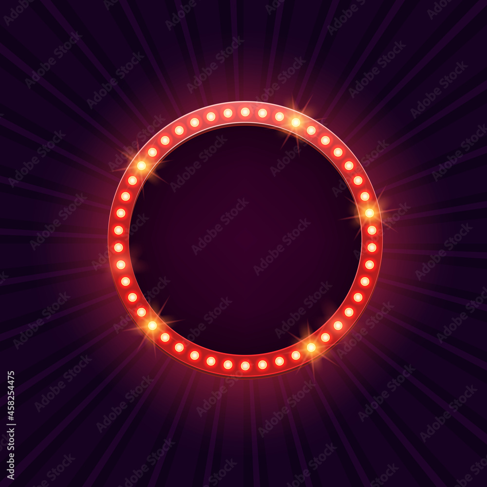 Retro round marquee billboard with electric light lamps, glowing frame ...