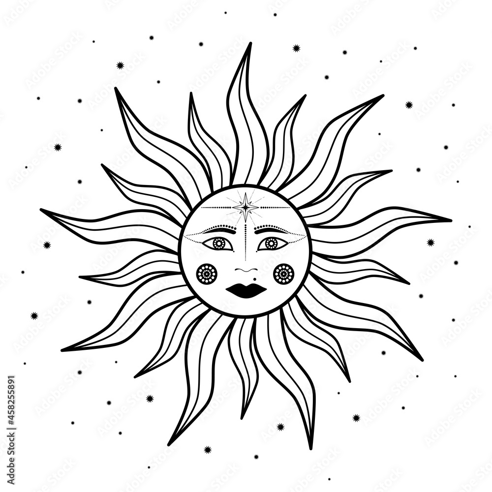 Hand drawn mystical Sun with woman face, star in line art. Spiritual ...