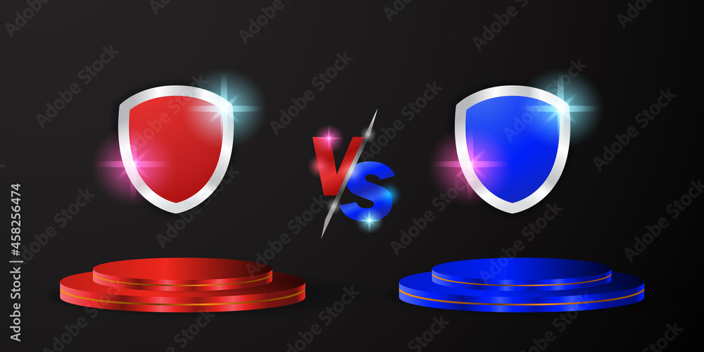 Versus VS sign with blue and red team empty 3d cylinder podiums or ...