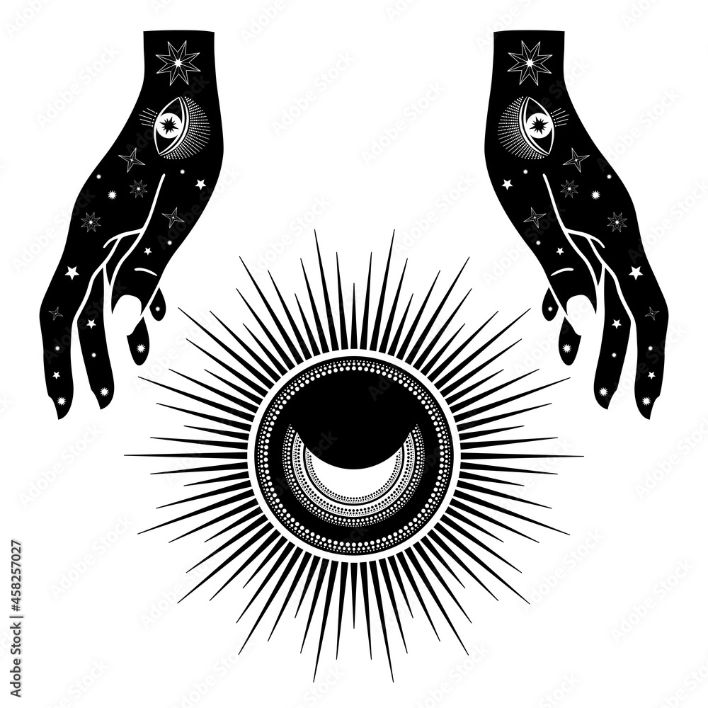 Hand drawn woman hands with Sun, Moon, eye and stars in line art ...