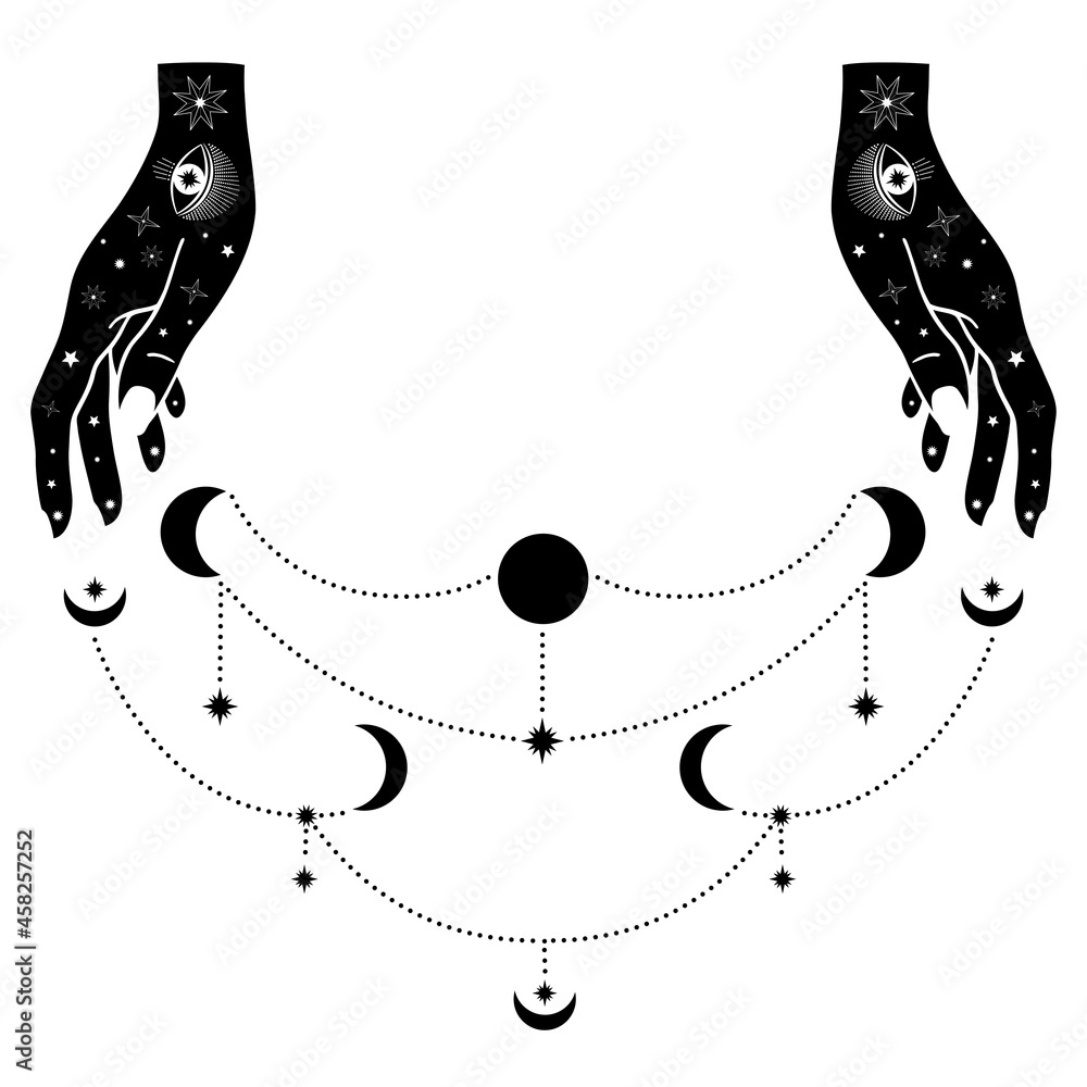 Hand drawn woman hands with Sun, Moon, eye and stars in line art ...