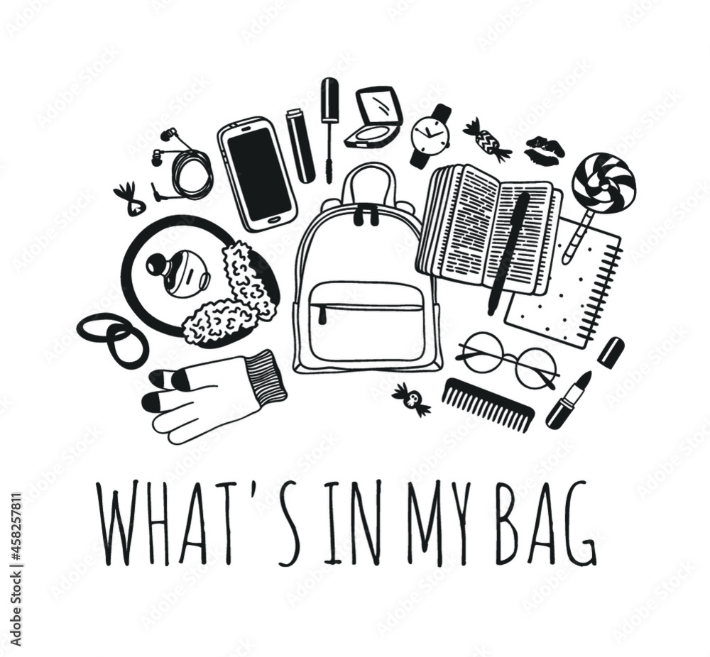Hand drawn Fashion Illustration What is in my bag. Vector picture Stock ...