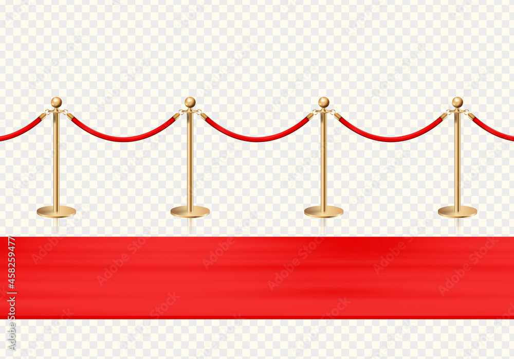 Red carpet and golden barriers front view. Realistic isolated fence on ...