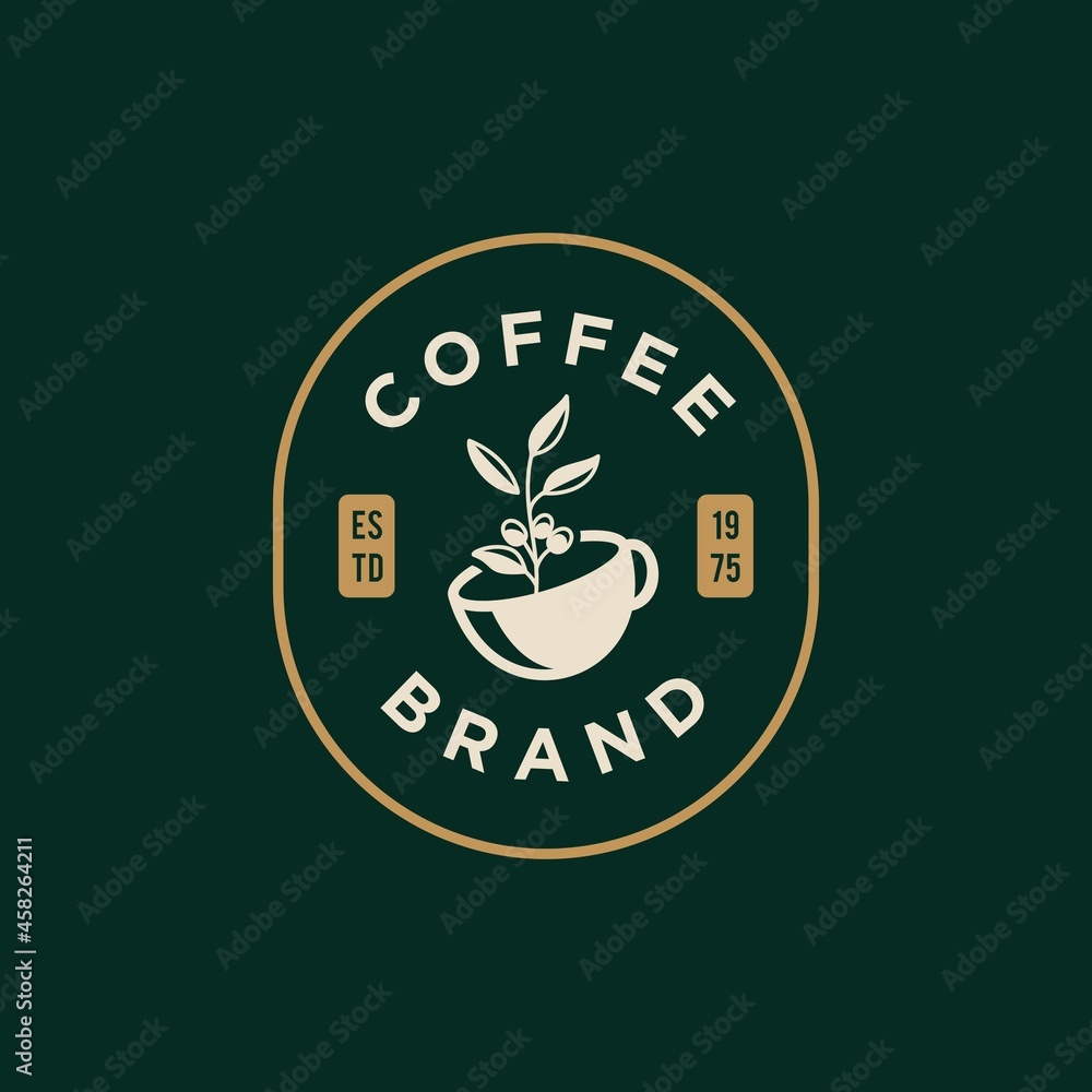 Vetor de classic badge a cup of coffee with bean and leaf branch ...