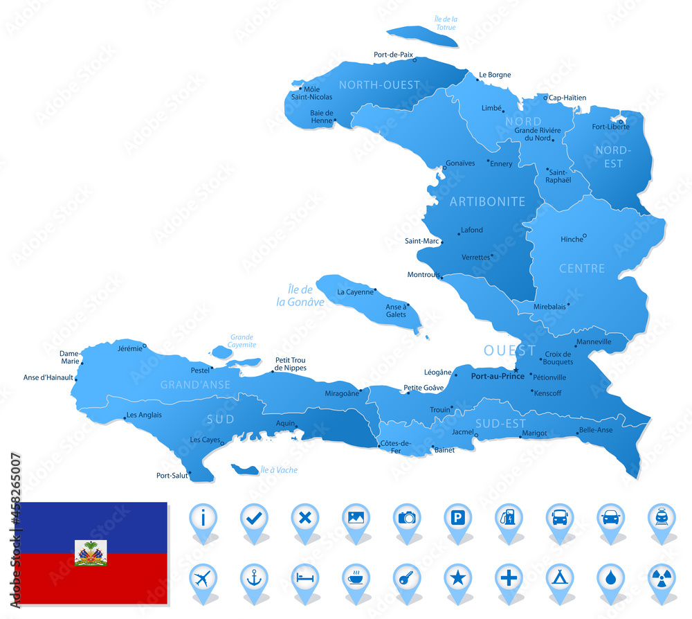 Blue map of Haiti administrative divisions with travel infographic ...