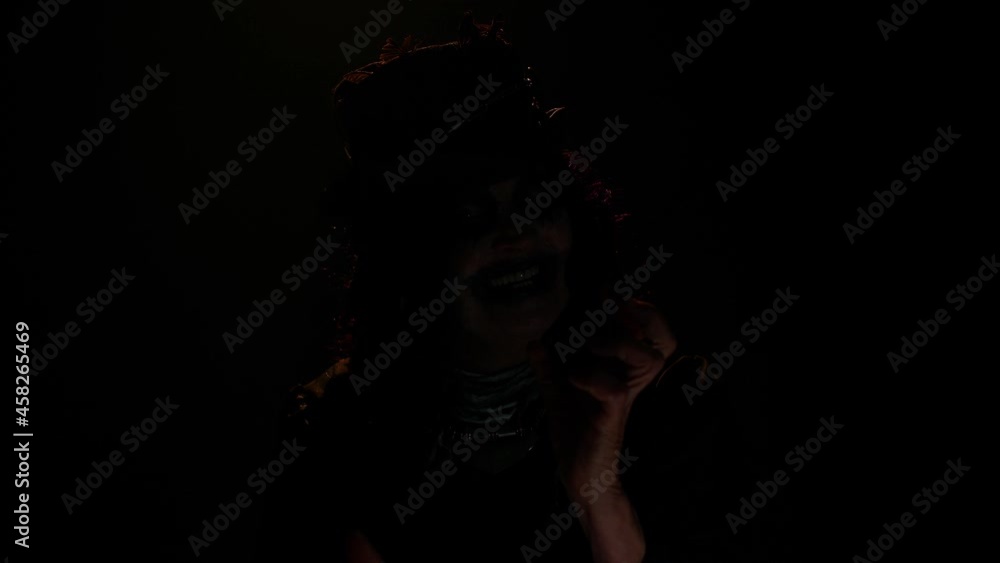 Portrait Of Sinister Senior Old Mature Woman In Carnival Costume Of
