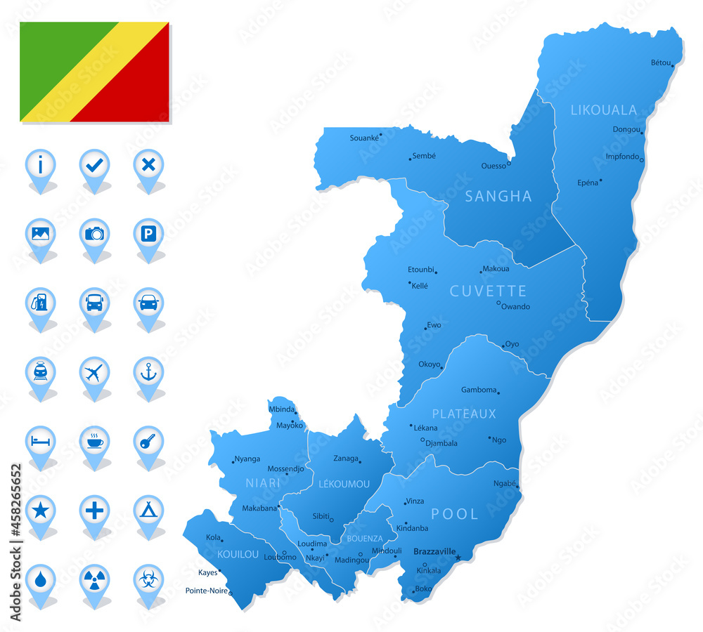 Blue map of Republic of the Congo administrative divisions with travel ...
