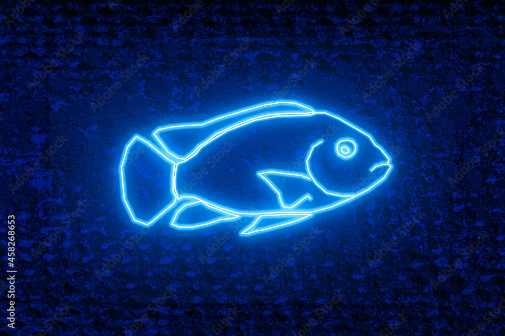 Blue neon fish. On the wall is a bright glowing neon silhouette of a ...