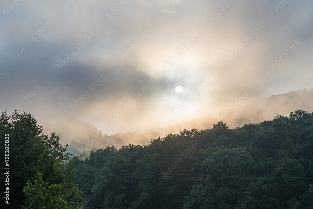 Smog from the fire hangs over the green trees. Through the smoke you ...