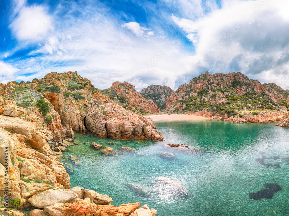 Captivating view of Li Cossi beach on Costa Paradiso resort. Stock ...