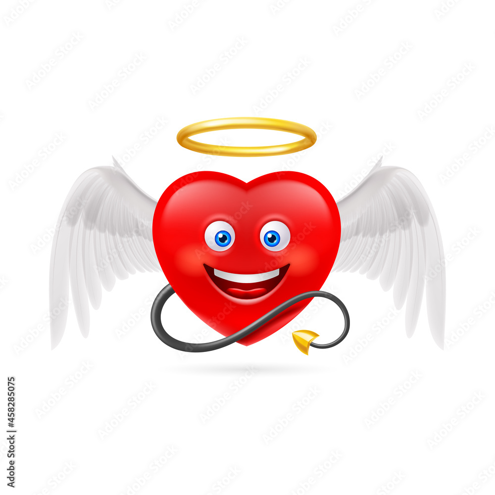 Red Heart Character with Golden Nimbus, White Angel Wings, and Black ...