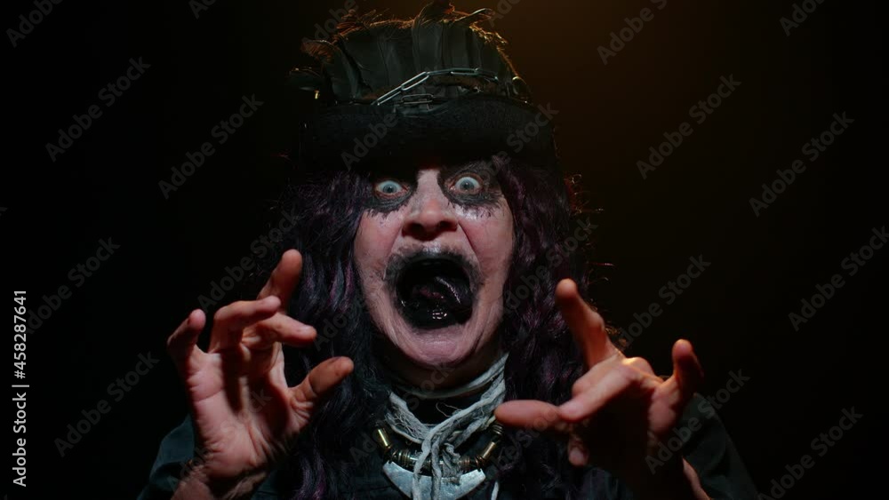 Vidéo Stock Portrait Of Sinister Senior Old Mature Woman In Carnival