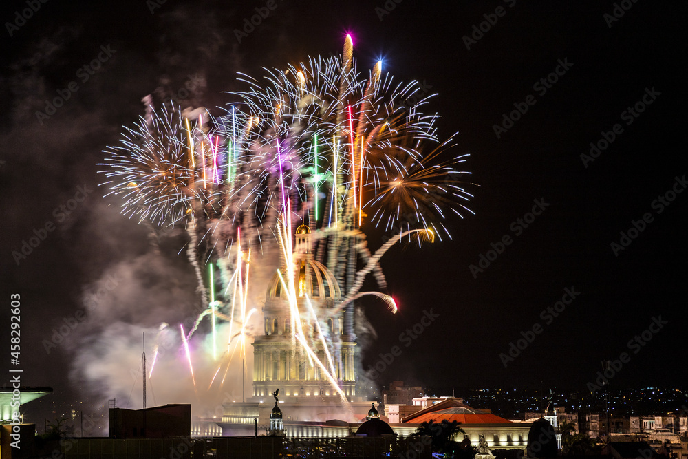 Famous National Capitol Building during fireworks in Havana, Cuba Stock ...