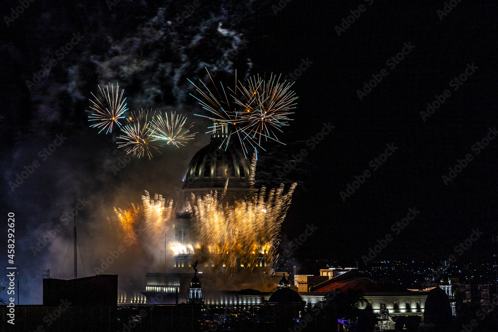 Famous National Capitol Building during fireworks in Havana, Cuba Stock ...