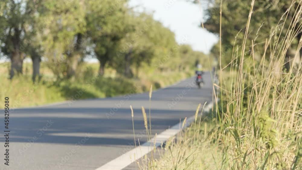 A motorcycle rides down a road in a rural area - focus on grass at the ...