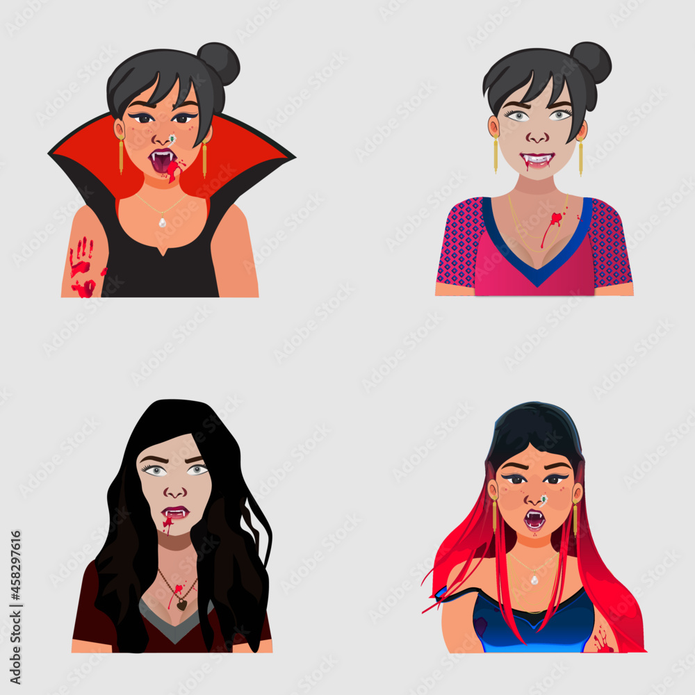 Portrait of beautiful female vampire set.Elegant gothic lady with long ...