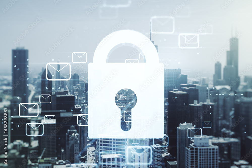 Abstract virtual lock sketch with email symbols hologram on Chicago ...