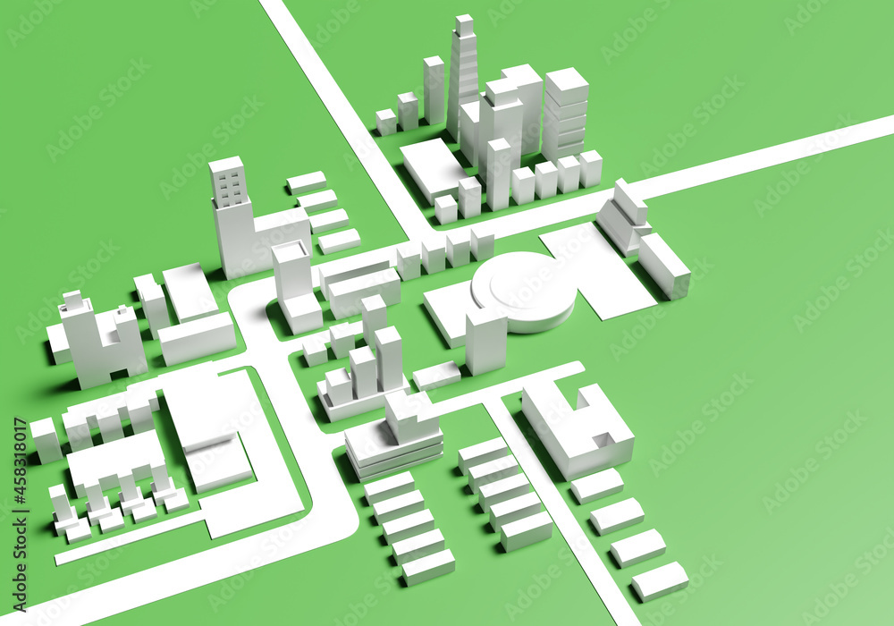 Visualization of city. Three-dimensional downtown. Downtown on green ...