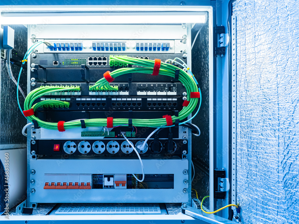 Patch panel close-up. Structured cabling system. Patch panel with wires ...