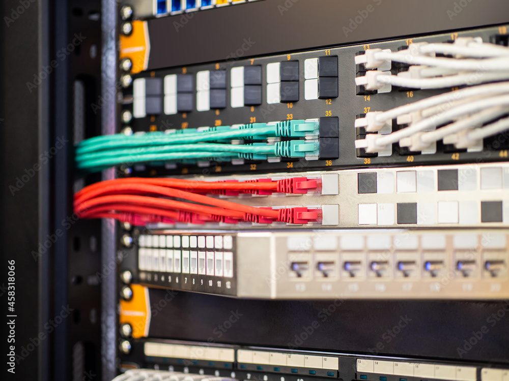 Patch panel fragment. Network hardware. Structured cabling systems ...