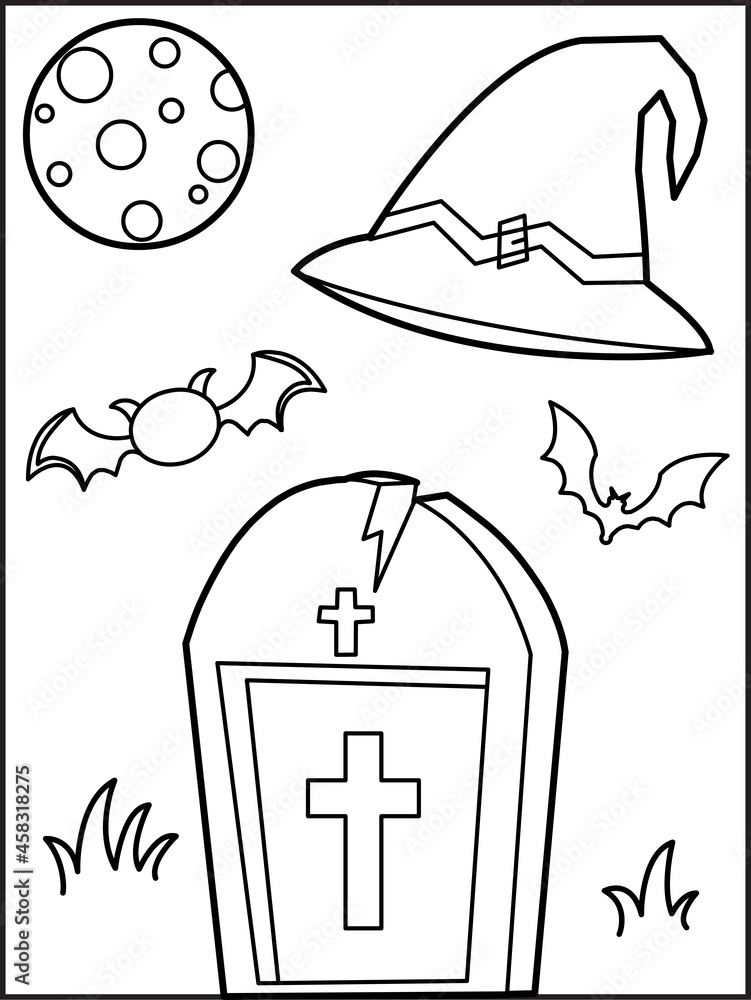 Halloween coloring page illustration. Halloween background cemetery ...