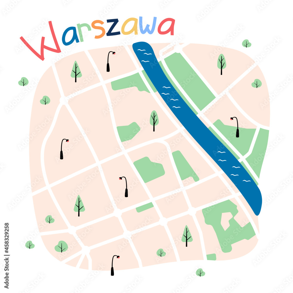 Vector map of Poland. Cute hand-drawn map of Warsaw. Cartoon travel ...