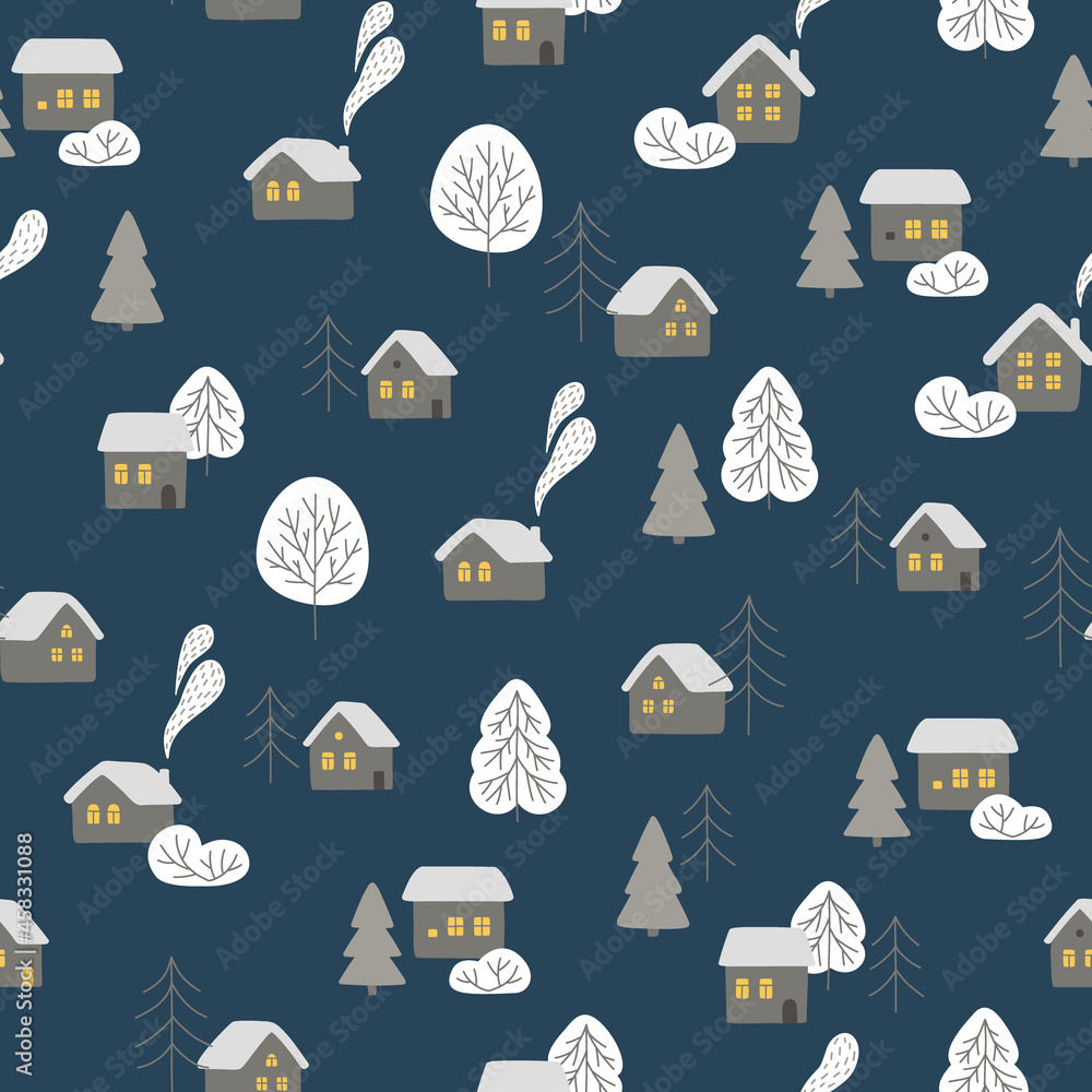 Winter vector seamless pattern with houses and trees in the forest ...