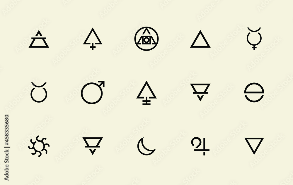 Alchemy symbols icon/logo isolated on black background. Abstract ...